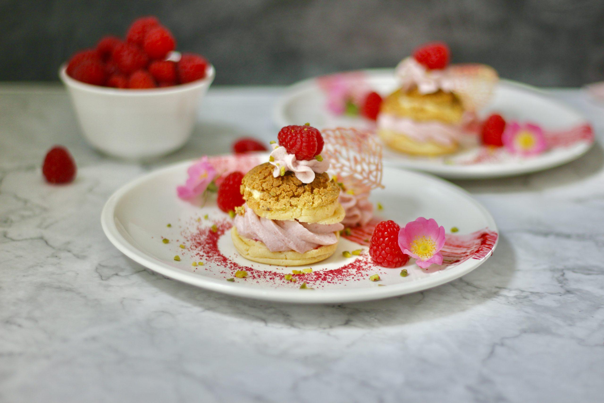 Choux Au Craquelin à la Pistache & Raspberry White Chocolate Mousse ...